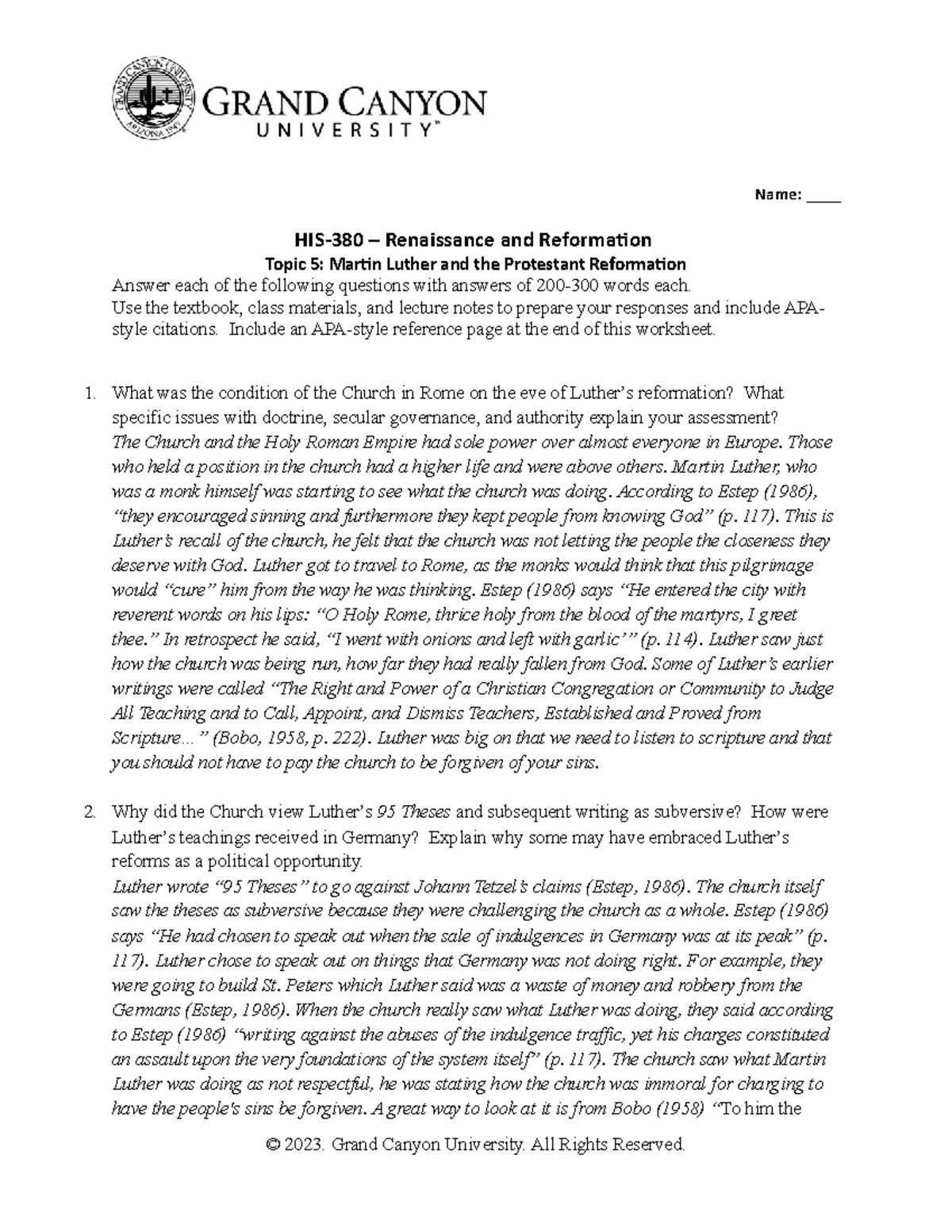 HIS-380: Worksheet on Martin Luther & the Protestant Reformation - Studocu