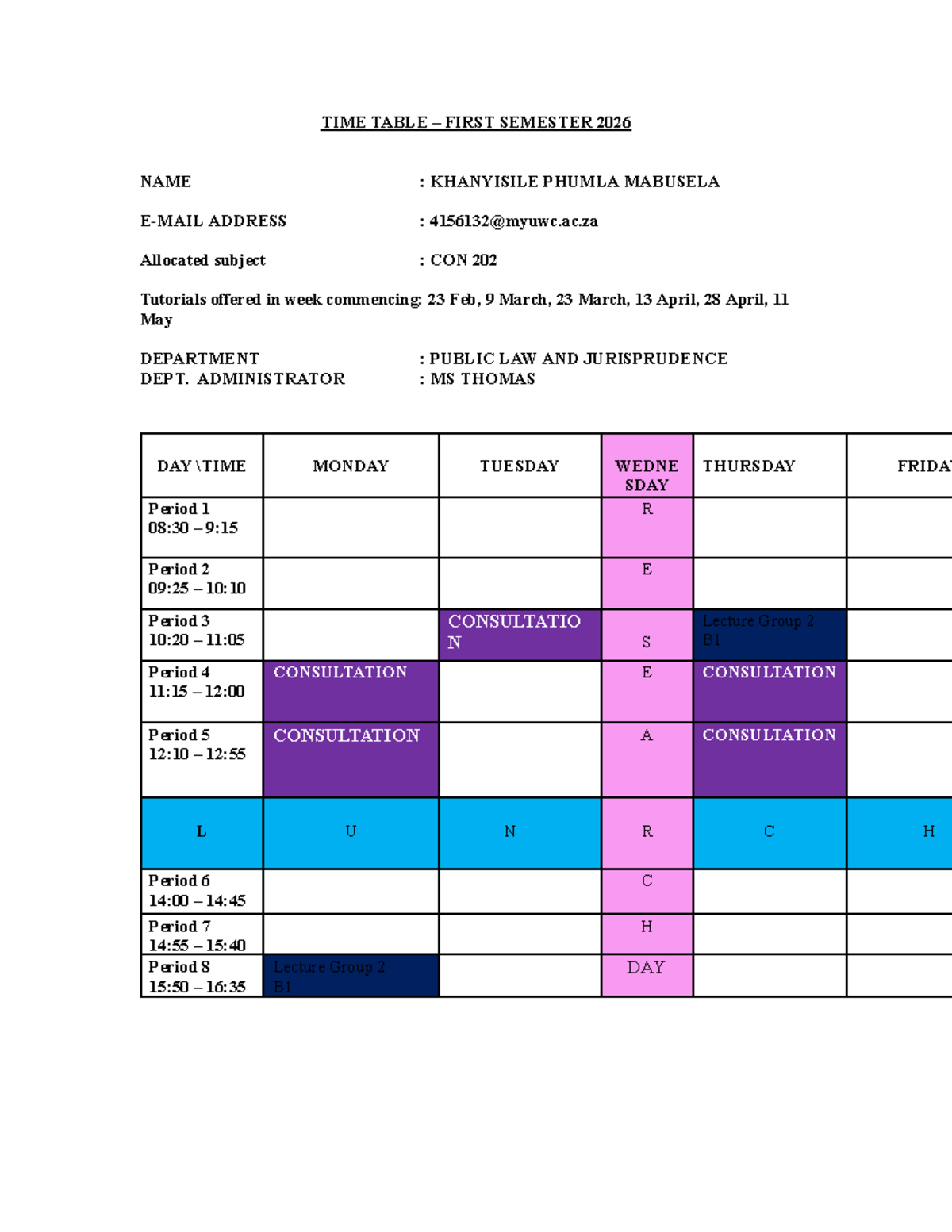 First Semester 2026 Timetable: CON 202 Public Law & Jurisprudence - Studocu
