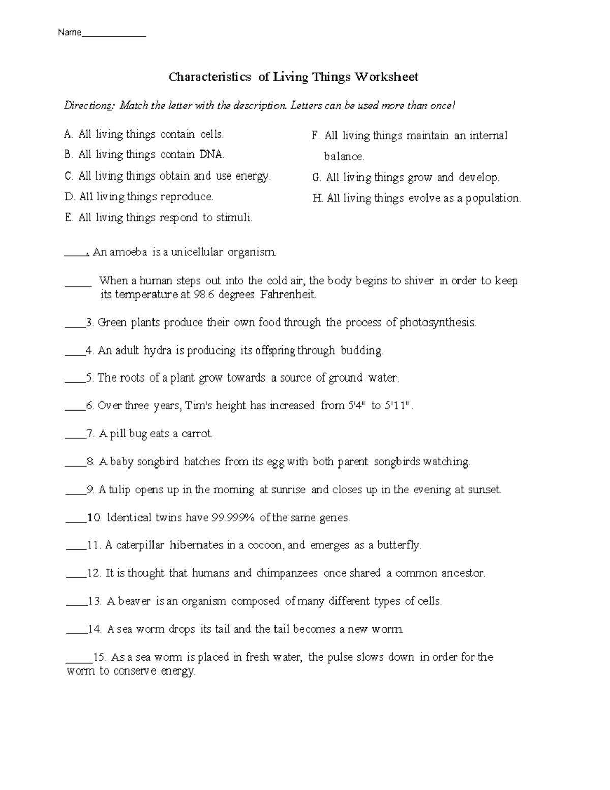 Characteristics of Life Worksheet: Matching & Classification Activity ...