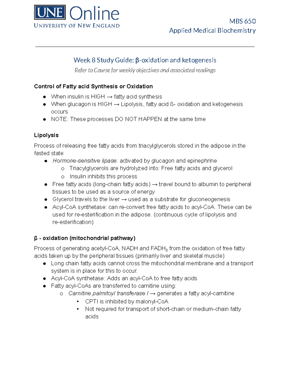 MBS 650 Applied Medical Biochemistry Week 8 Study Guide: β-Oxidation ...