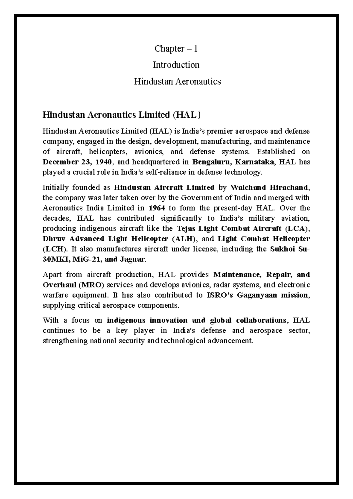 Chapter 1: Introduction to Hindustan Aeronautics Limited (HAL) - Studocu