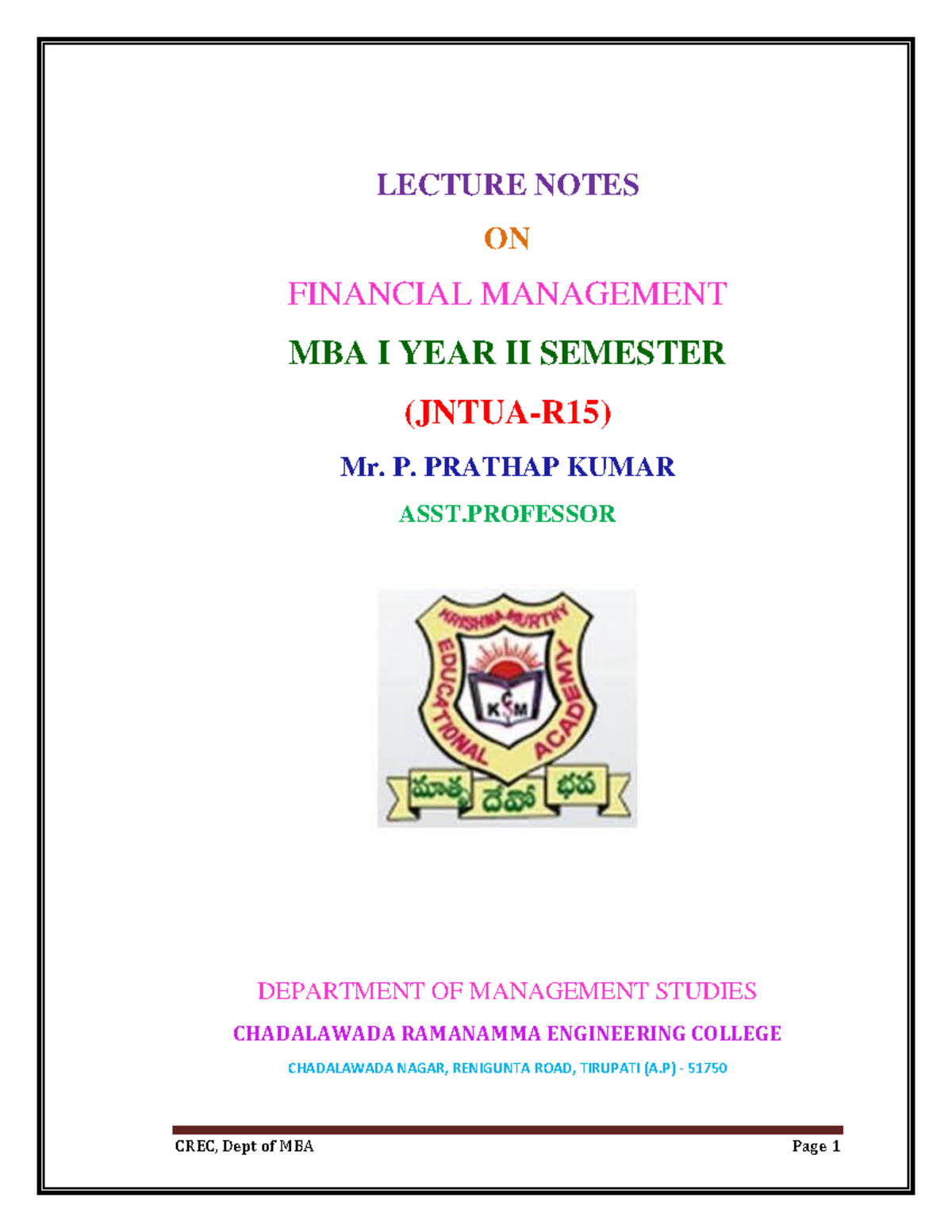 Financial Management - Lecture notes - LECTURE NOTES ON FINANCIAL ...