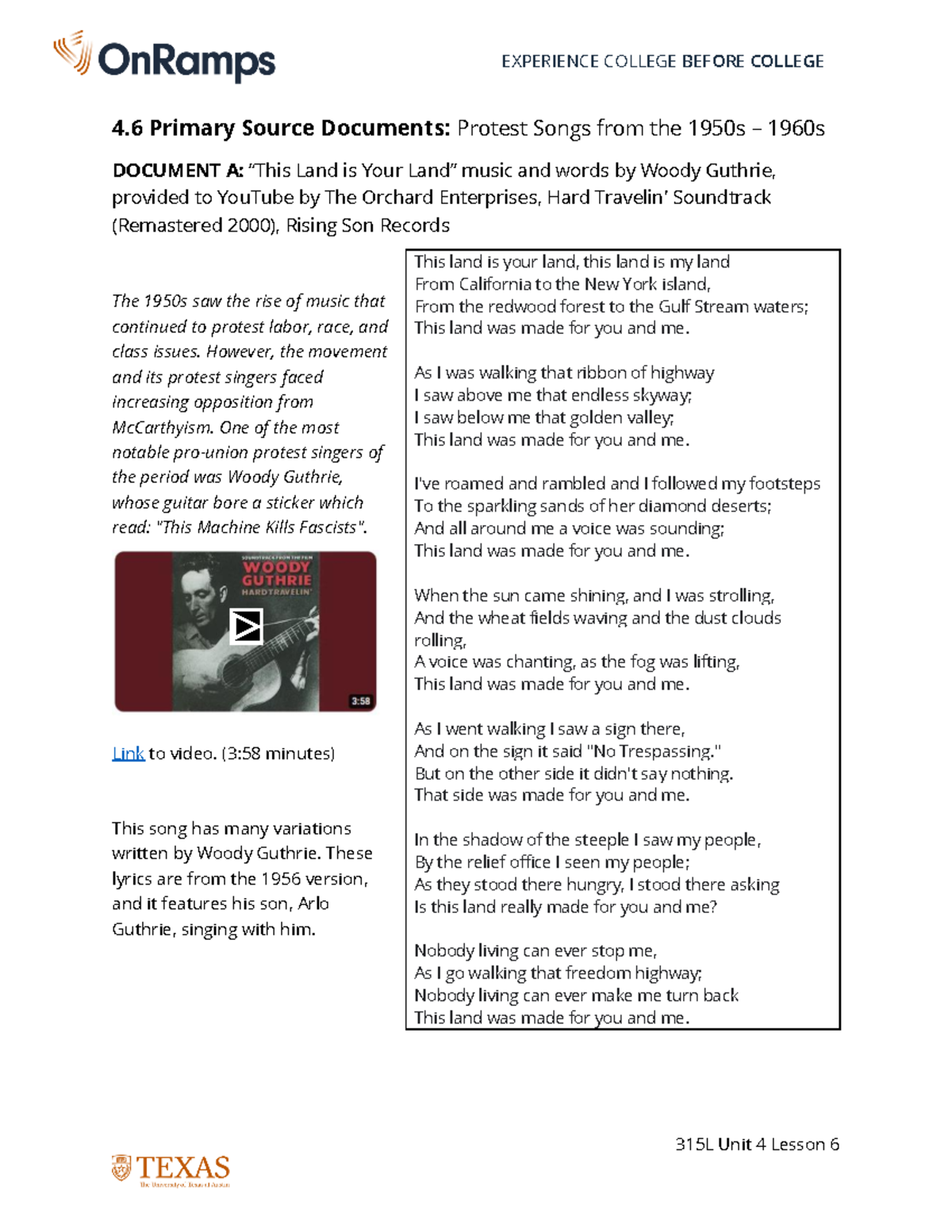 315L 4.6 Primary Source Docs: Protest Songs of the 1950s-60s - Studocu