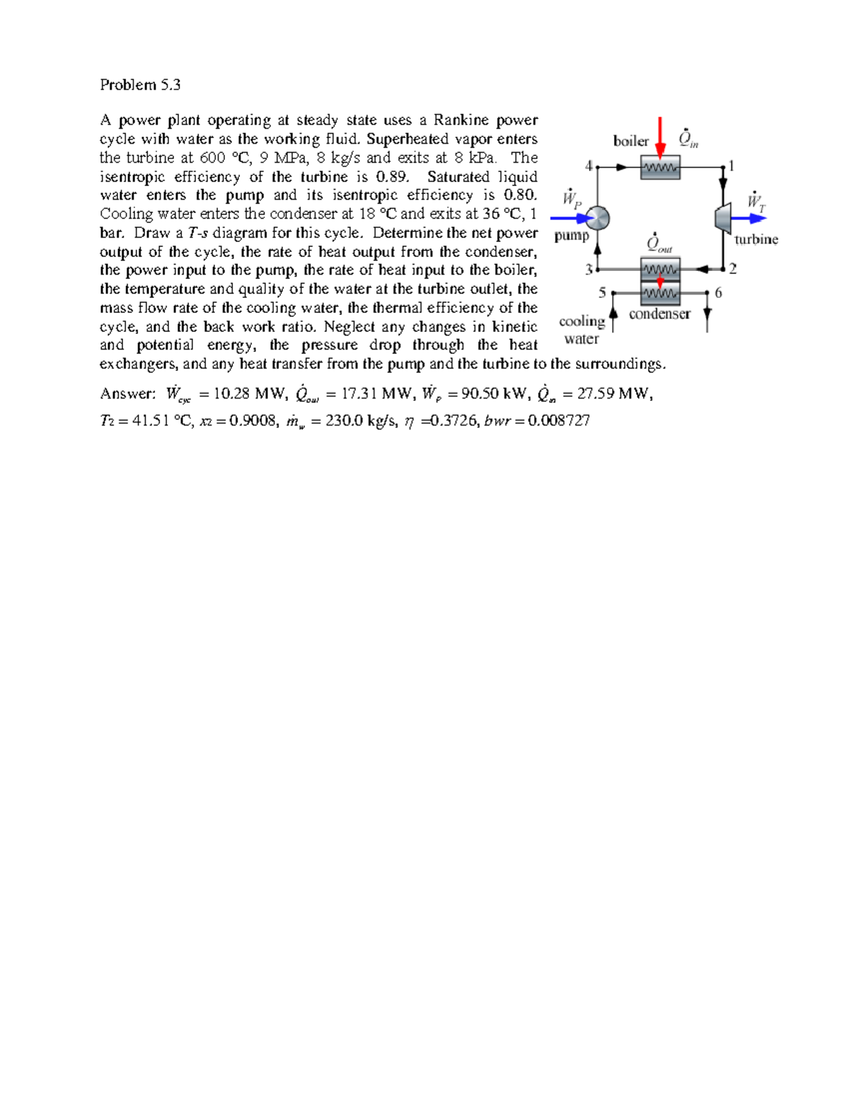 Problem 5 - Problem 5. A power plant operating at steady state uses a Rankine power cycle with ...