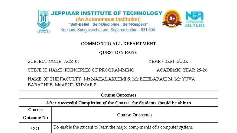 ACS101 - Principles of Programming Question Bank - Studocu