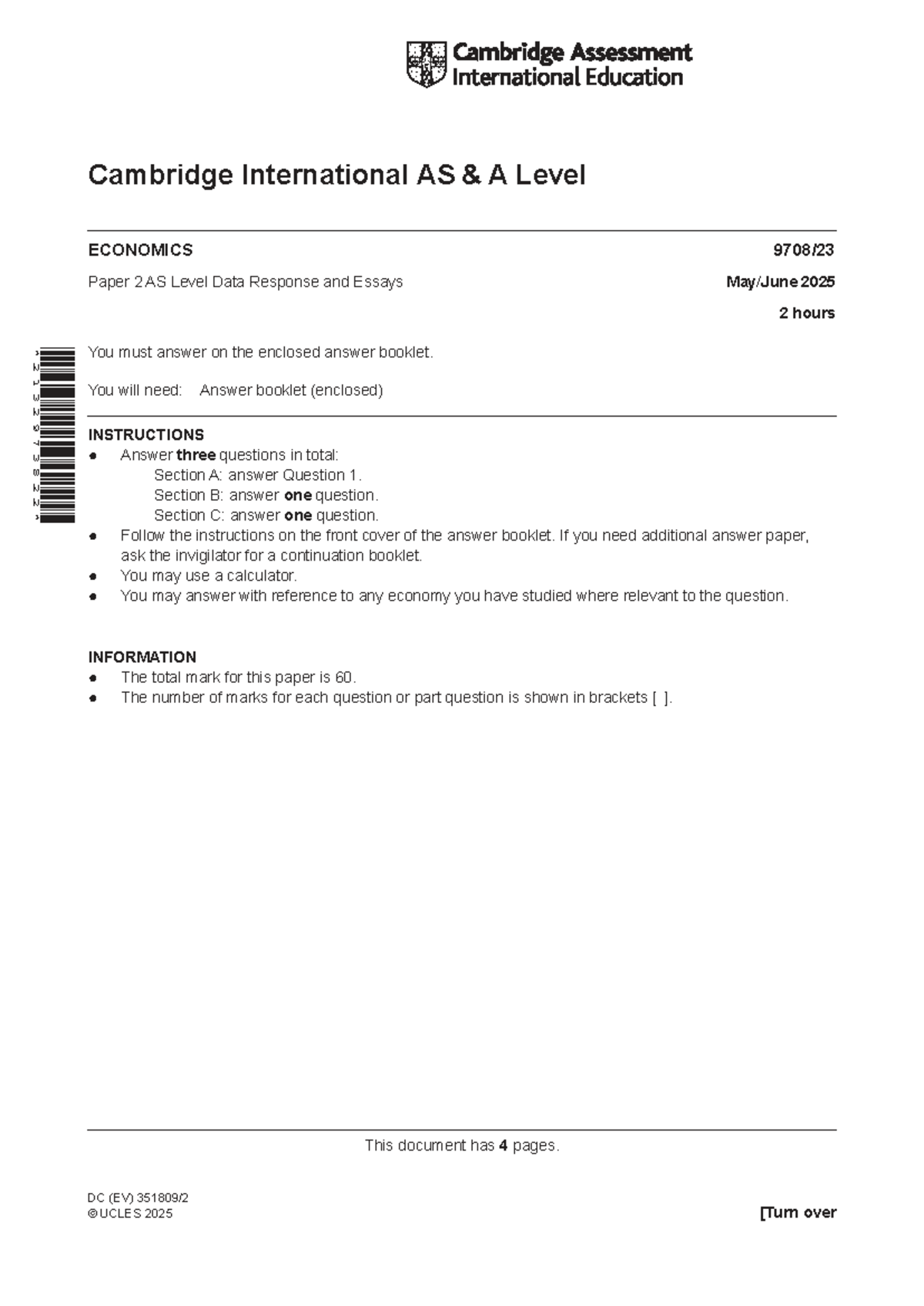 Cambridge International AS A Level ECONOMICS 9708/23 Past Paper 2025 ...