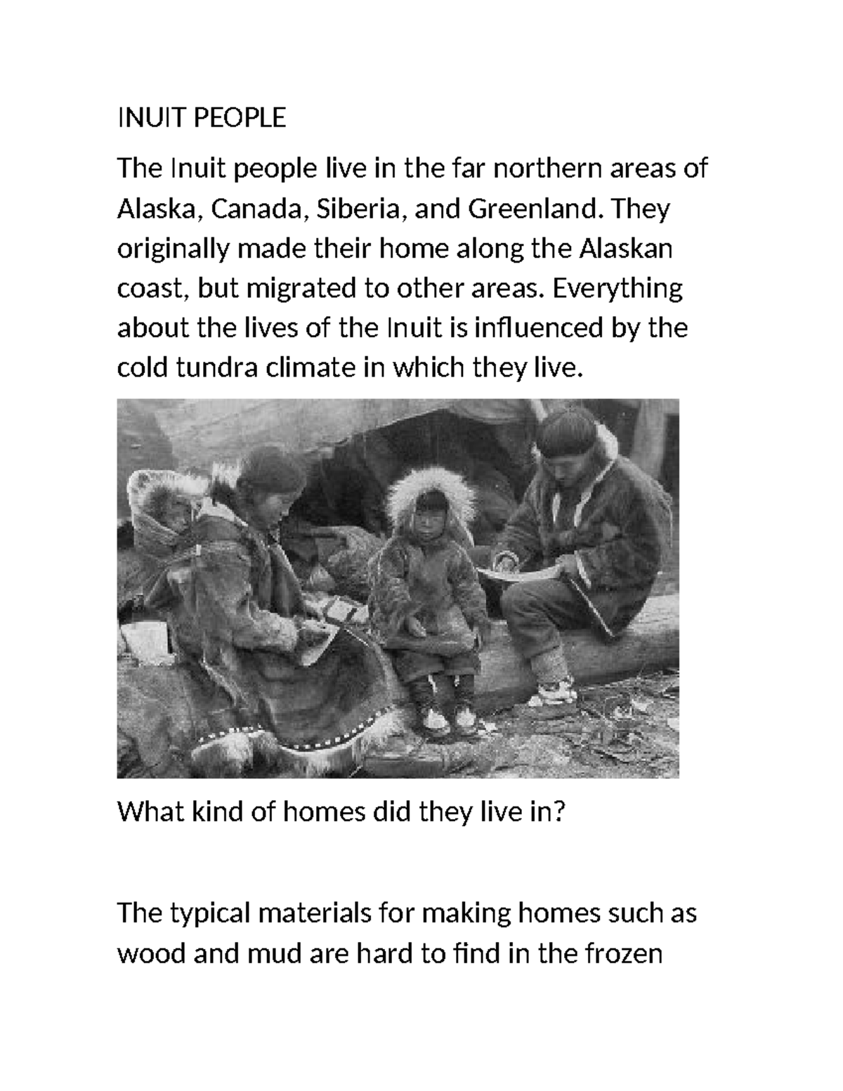 Pueblo Inuit - INUIT PEOPLE The Inuit people live in the far northern ...