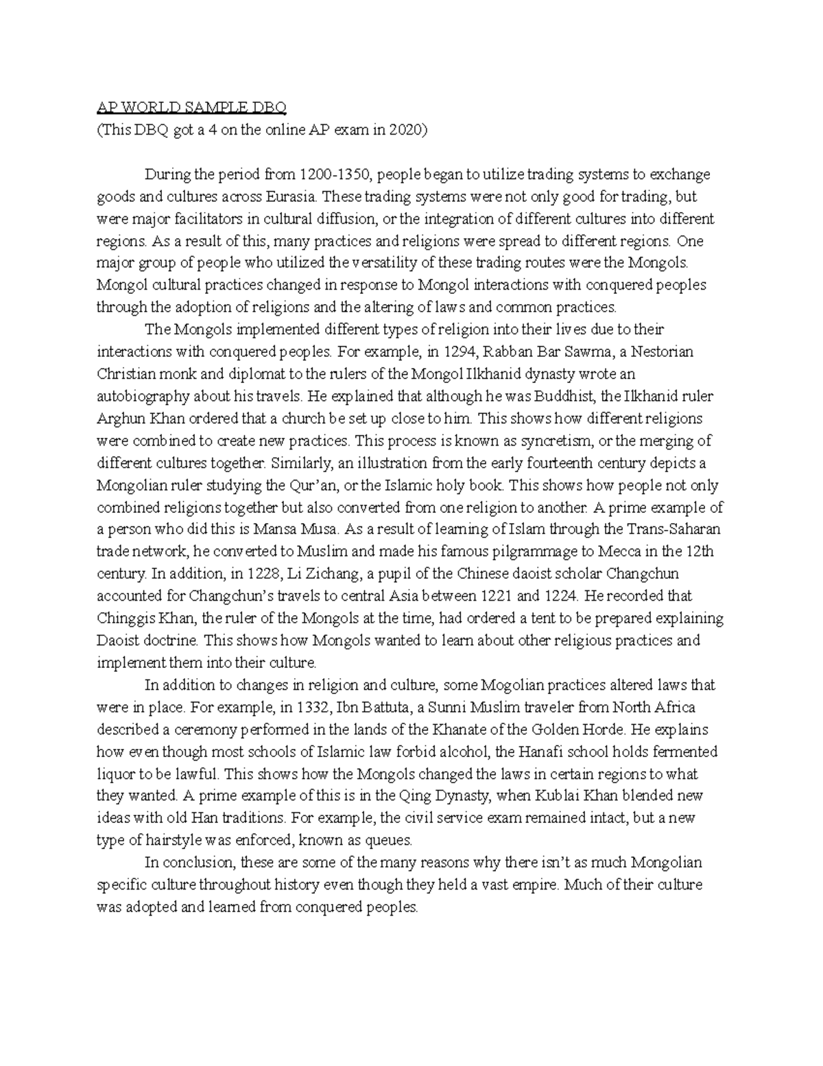 AP World History Sample DBQ on Cultural Exchange (1200-1350) - Studocu