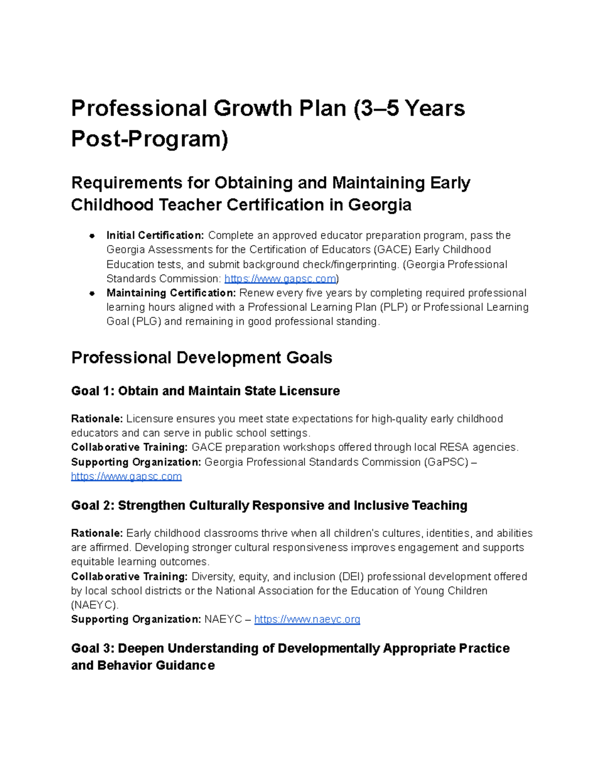 Professional Growth Plan for Early Childhood Teacher Cert. in GA - Studocu