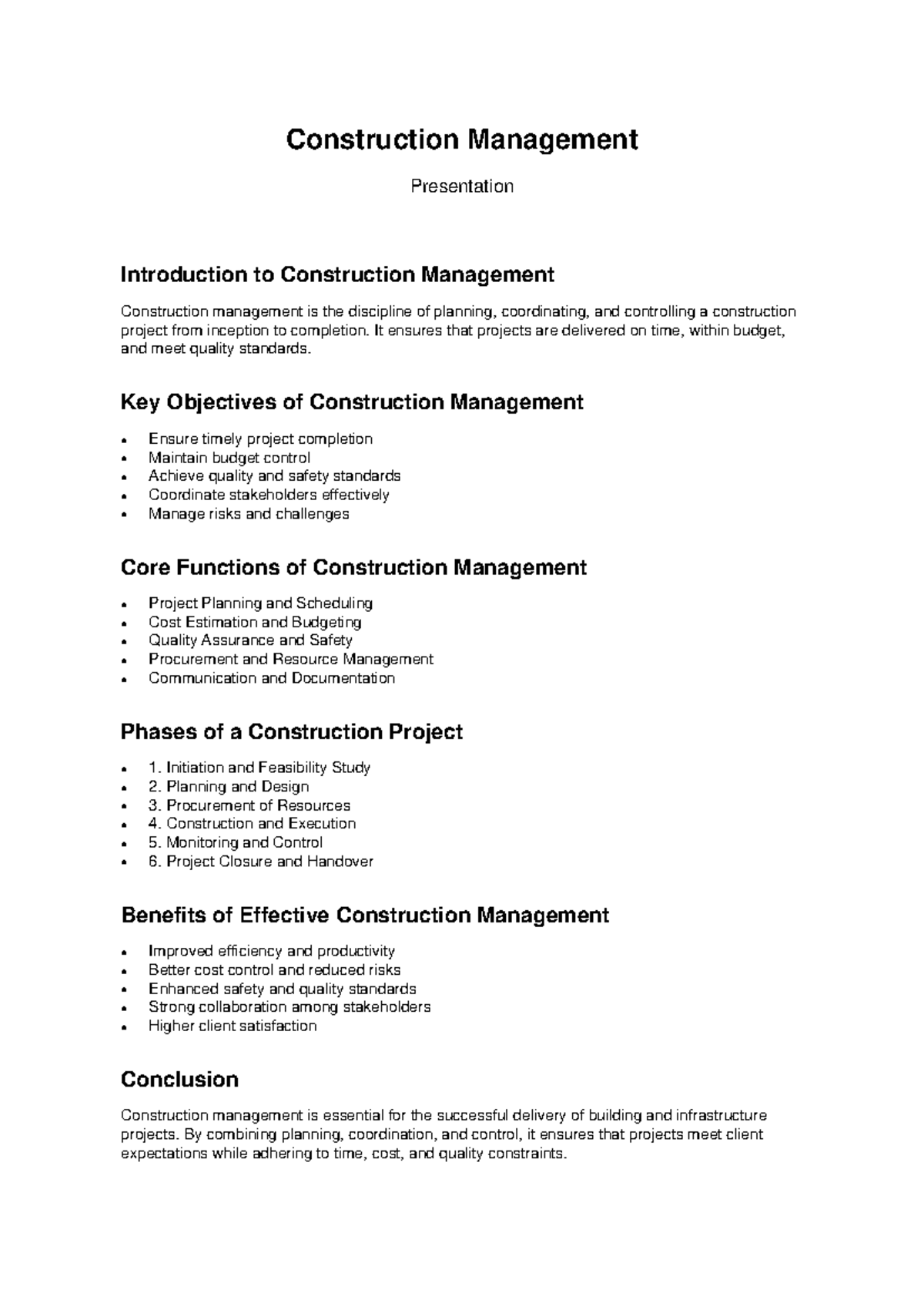Construction Management Presentation: Key Concepts & Phases - Studocu