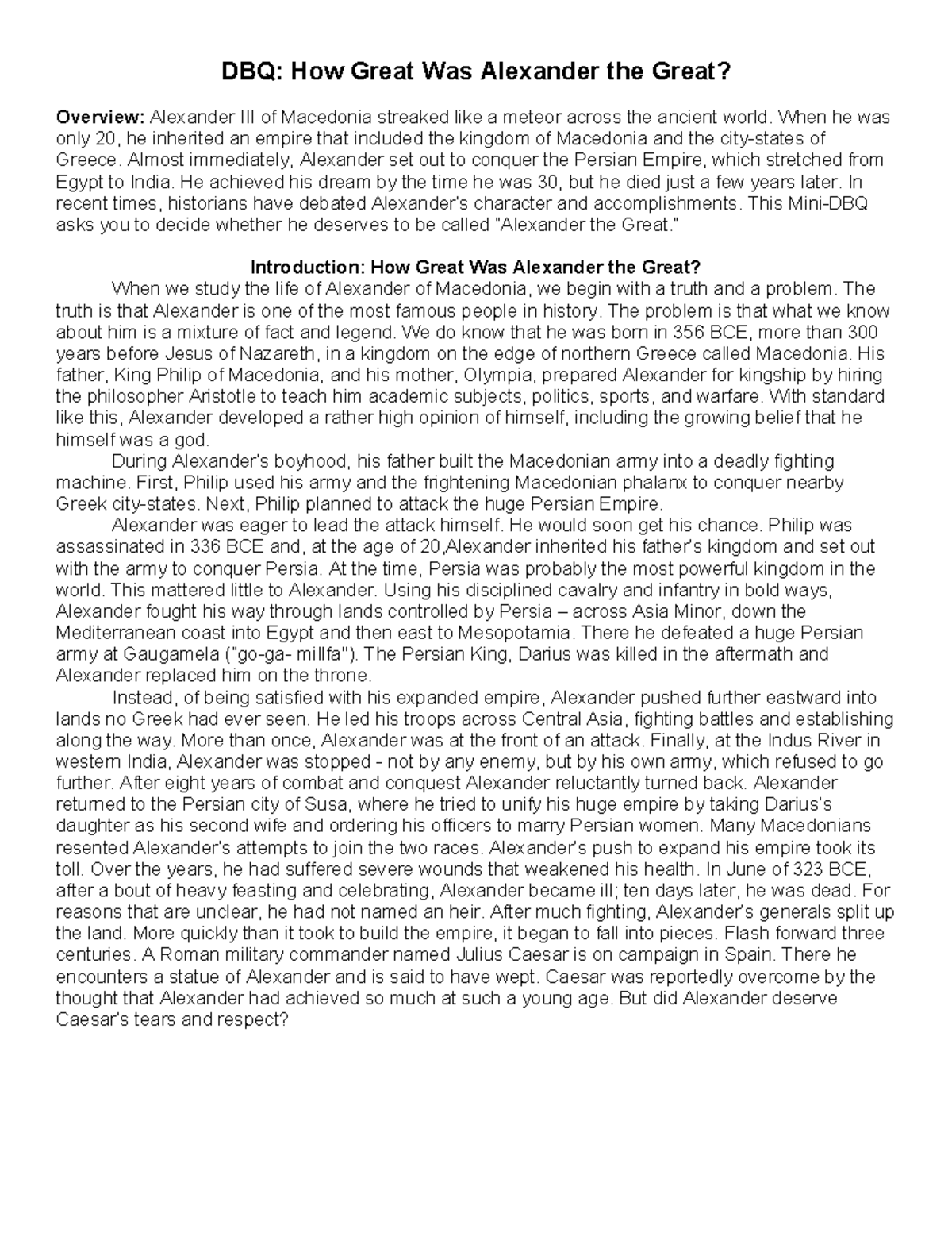 Alexander the Great DBQ: Analyzing the Greatness of a Conqueror - Studocu