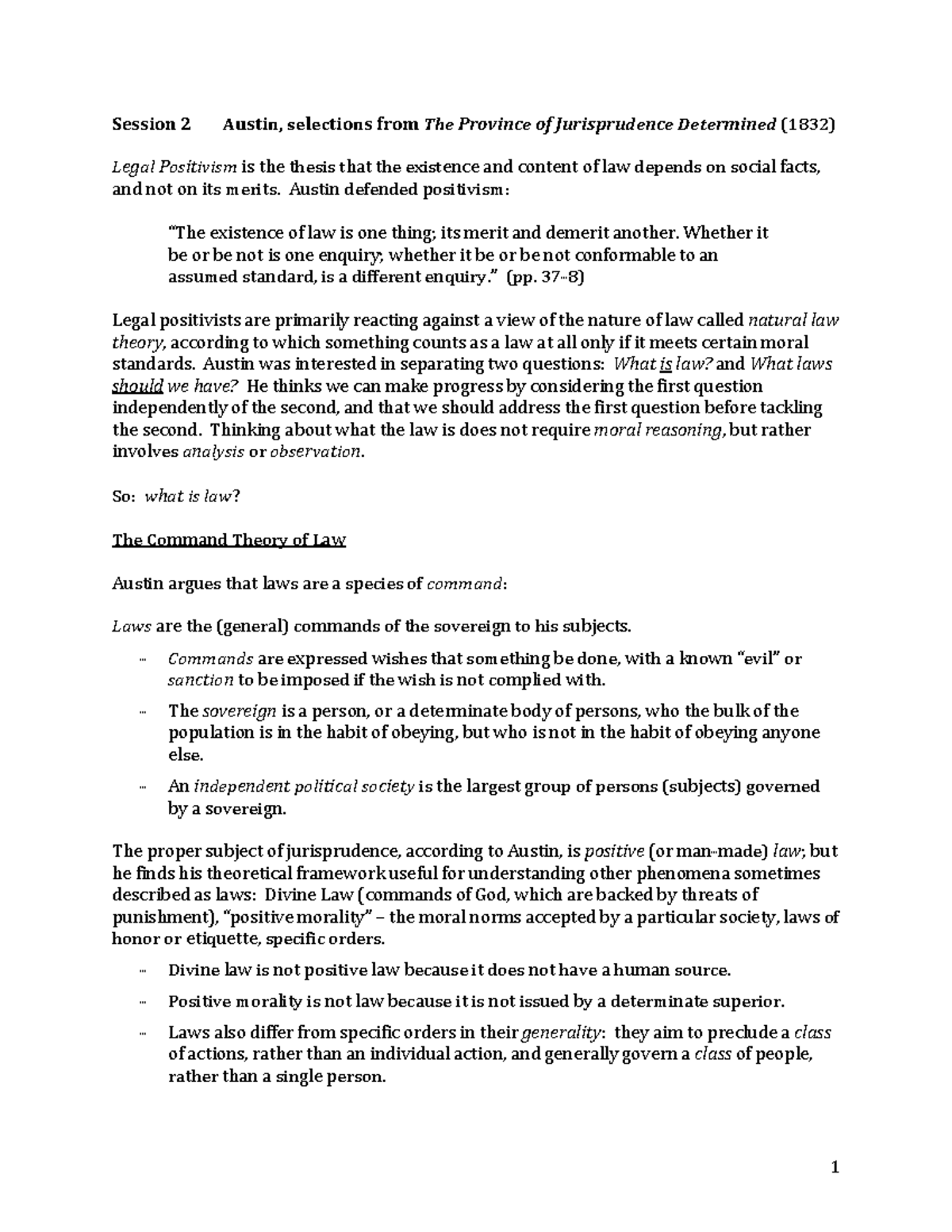 John Austin's Command Theory of Law - 1 Session 2 Austin, selections ...