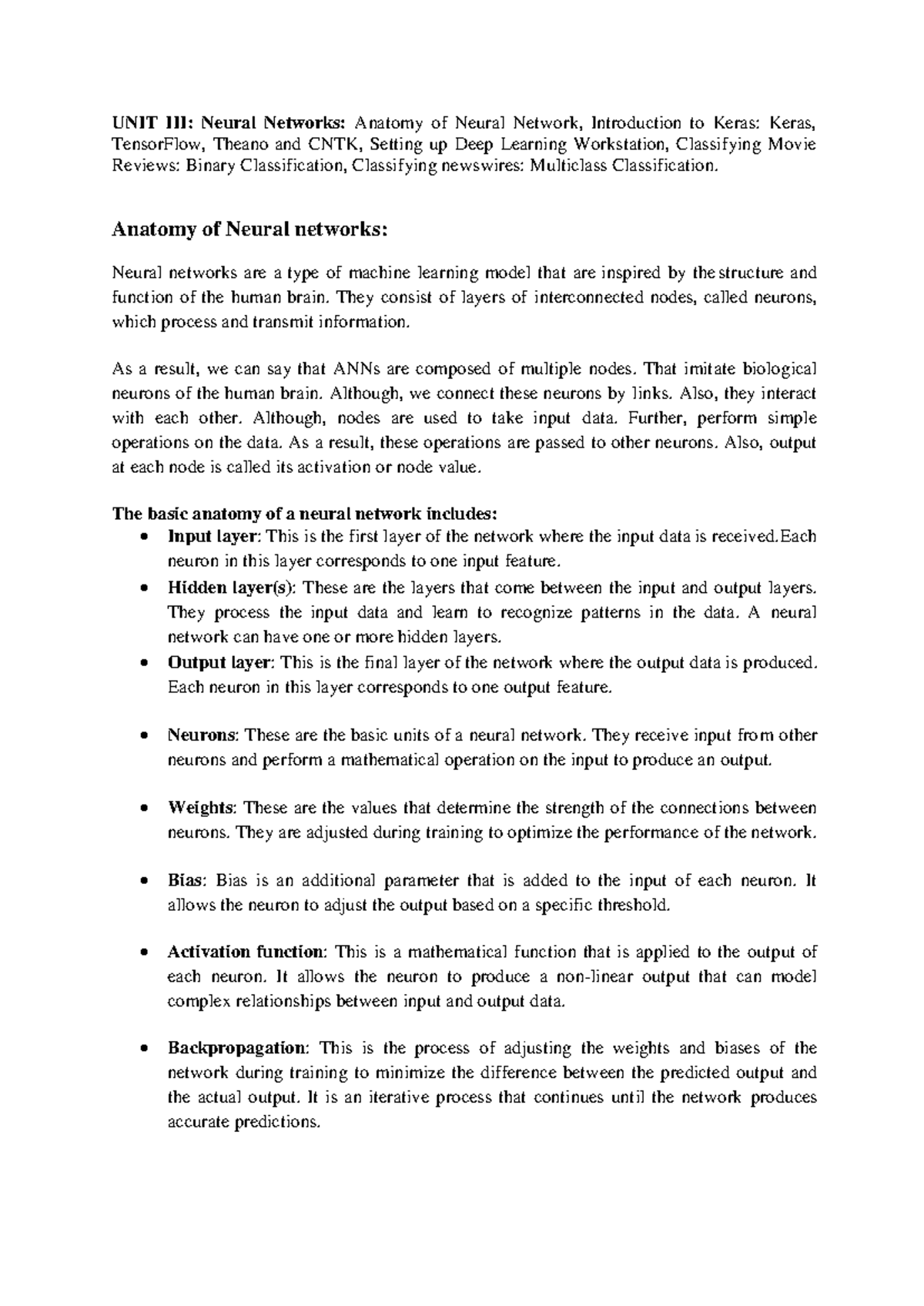DL UNIT-3: Neural Networks & Keras Overview - JNTUK R20 - Studocu