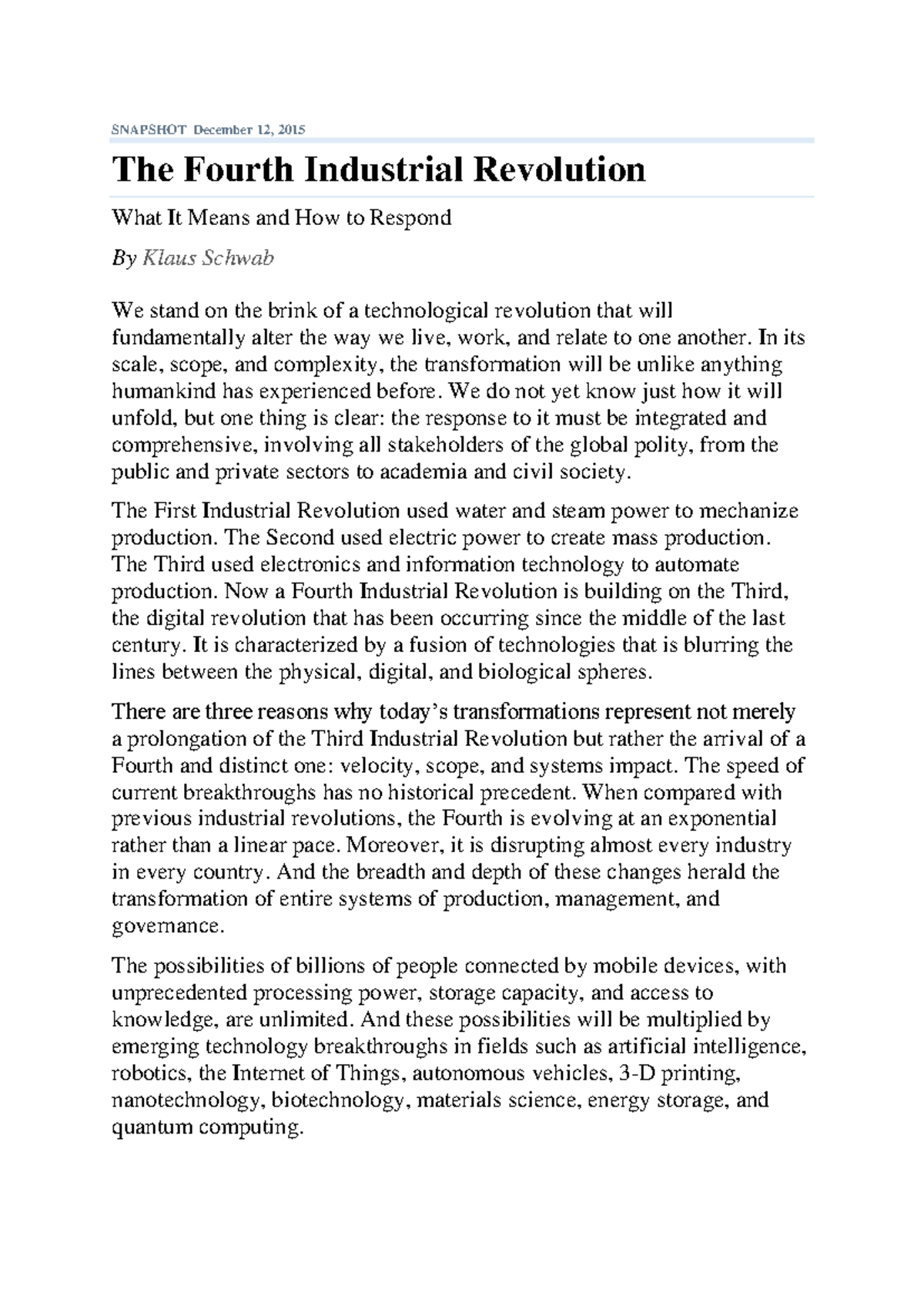 Exploring Impacts & Responses of the Fourth Industrial Revolution - Studocu