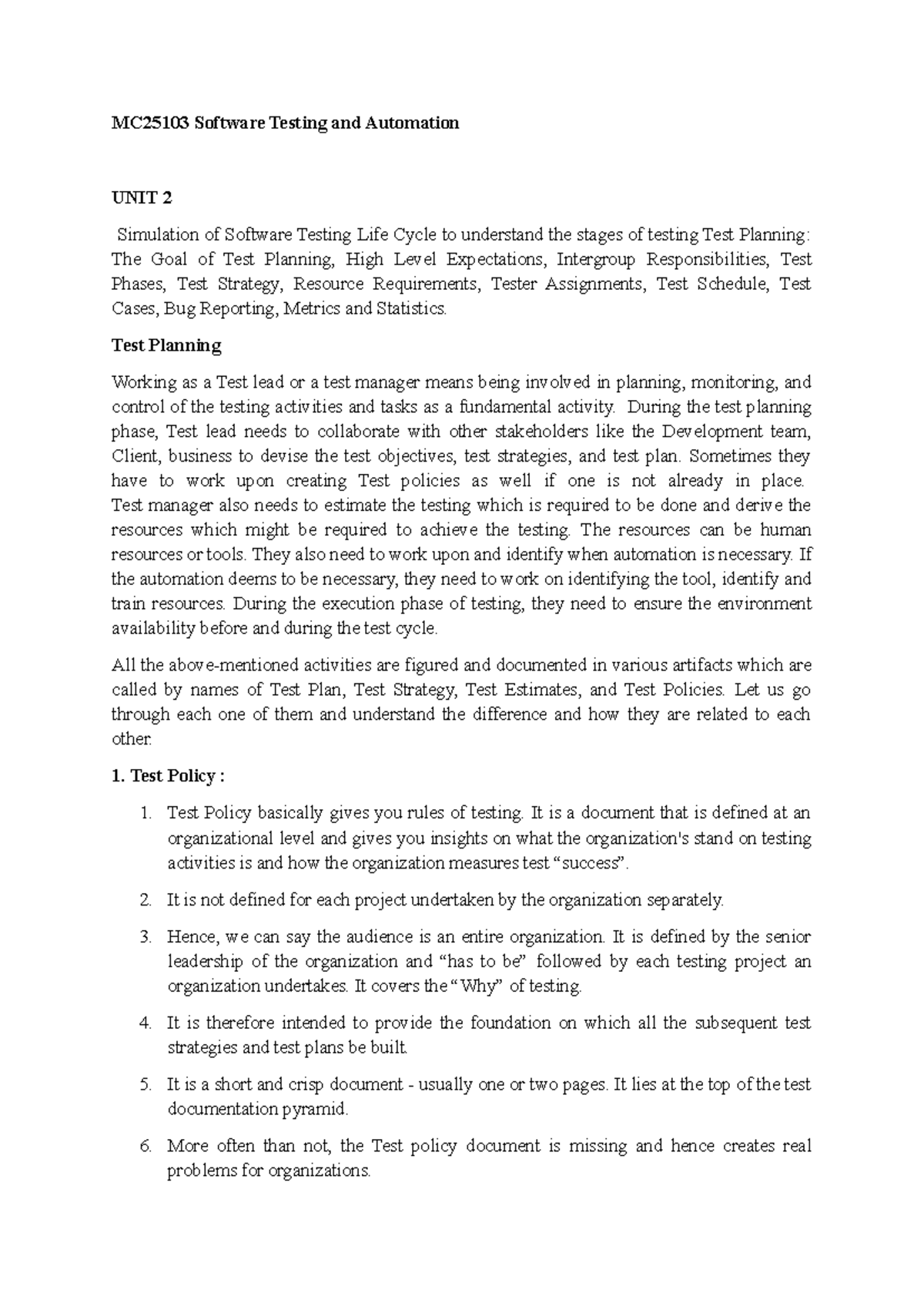 MC25103 Software Testing and Automation: Unit 2 Test Planning and ...