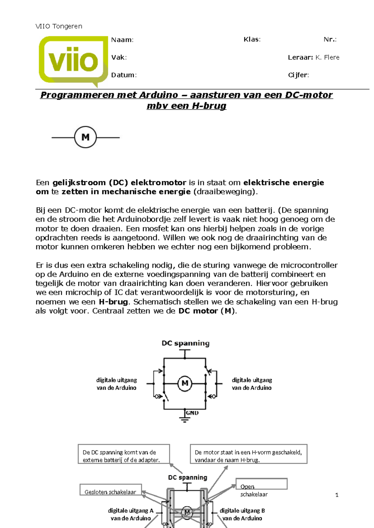 5 Klastaak Programmeren met Arduino: Aansturen van DC Motor d.m.v. H ...