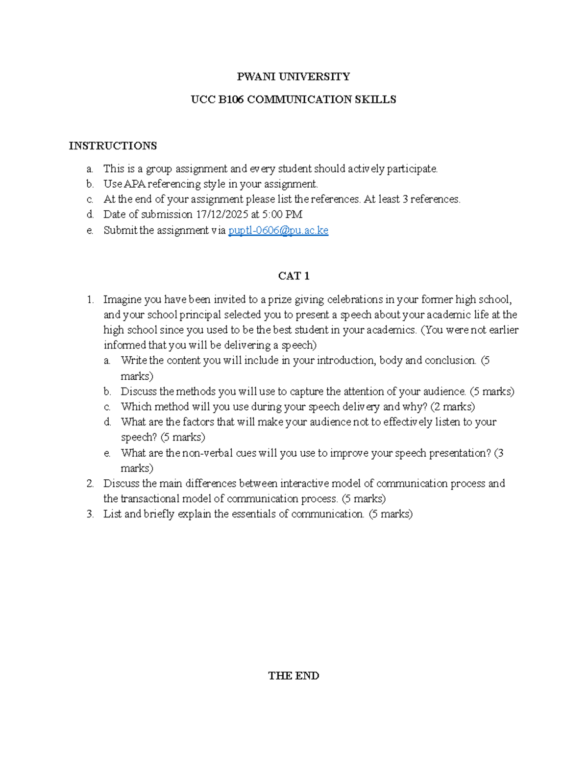 CAT 1 Assignment - UCC B106 Communication Skills Overview - Studocu