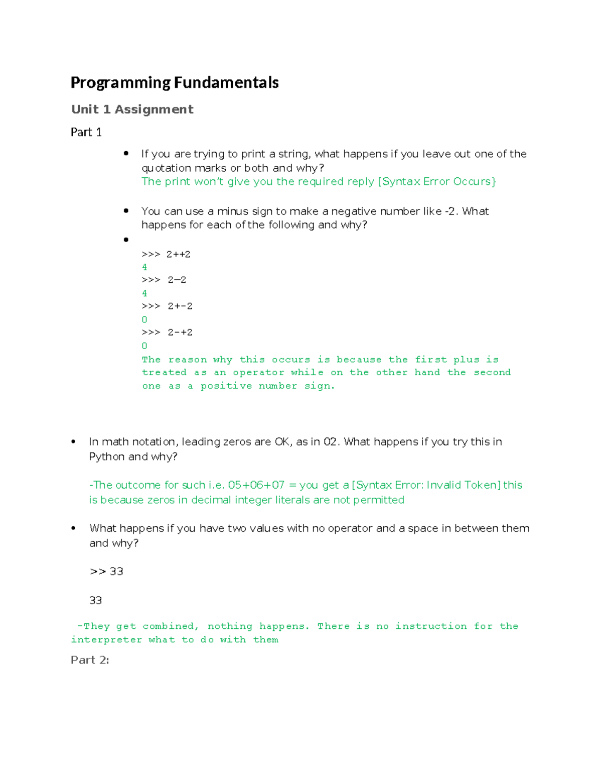 Unit 1 Assignment - Programming Fundamentals in Computer Science - Studocu
