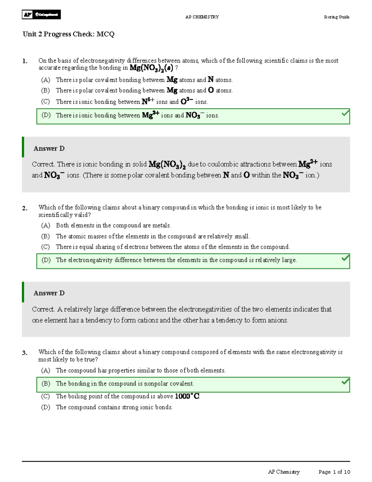 AP CHEMISTRY Unit 2 Progress Check: MCQ Scoring Guide - Studocu