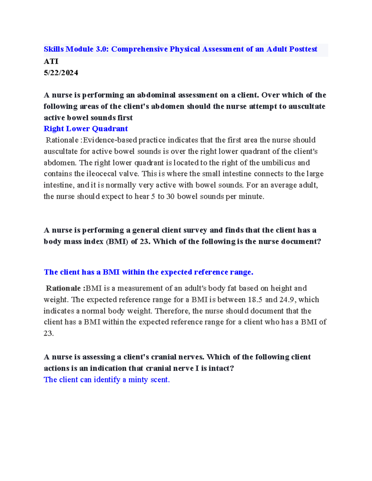 Physical Assessment of an adult Posttest - Skills Module 3 ...