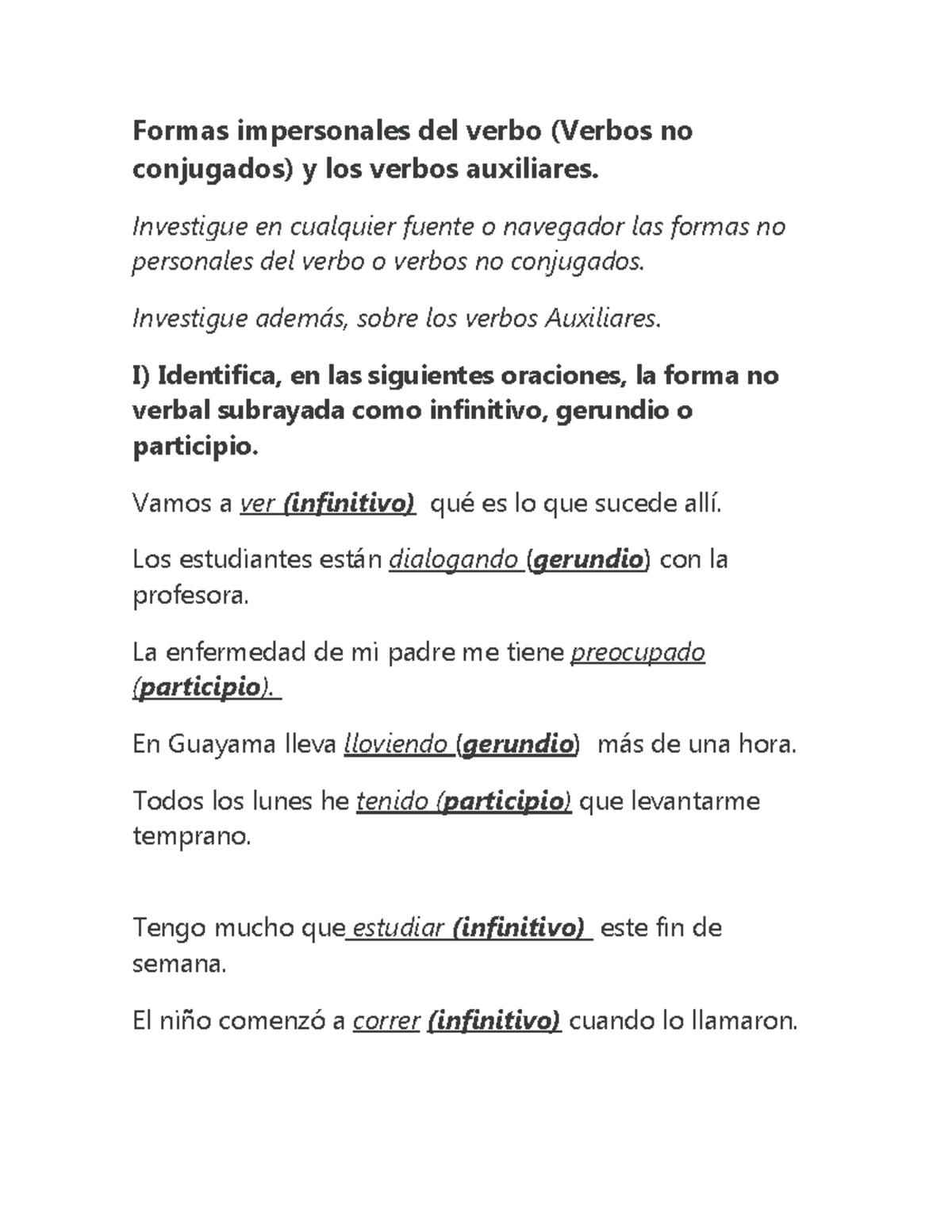 Formas Impersonales del Verbo y Verbos Auxiliares: Ejercicios - Studocu