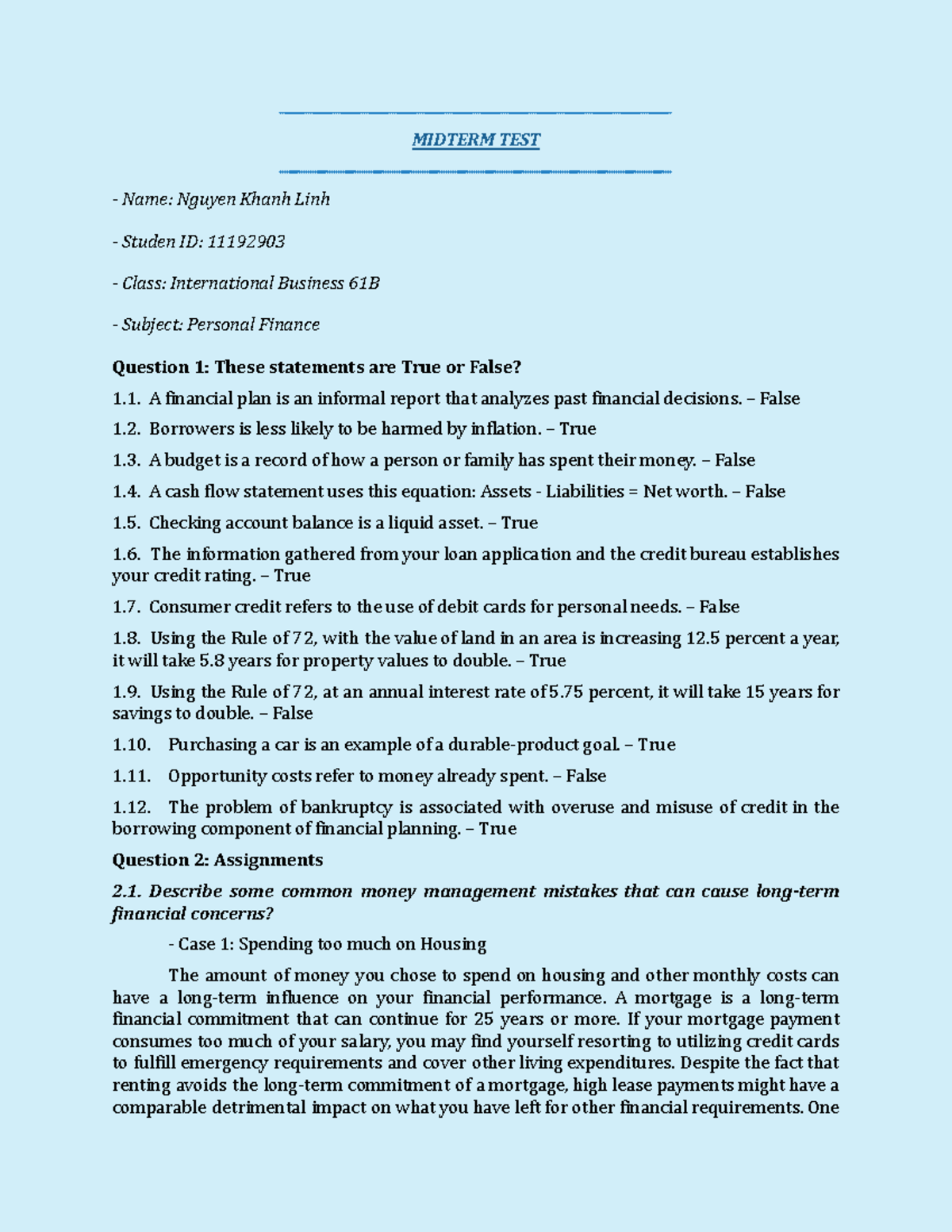 Midterm Exam - Personal Finance (INTL BUS 61B) - Nguyen Khanh Linh - Studocu
