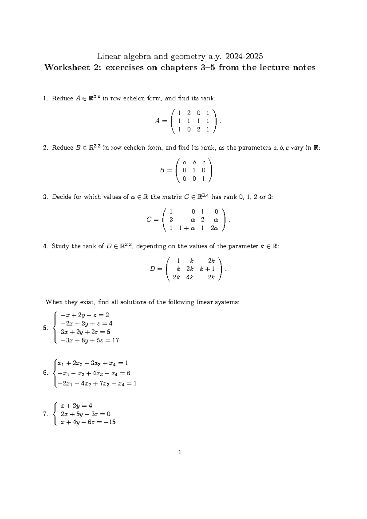 LAG25 Worksheet 2: Exercises on Linear Algebra & Geometry - Studocu