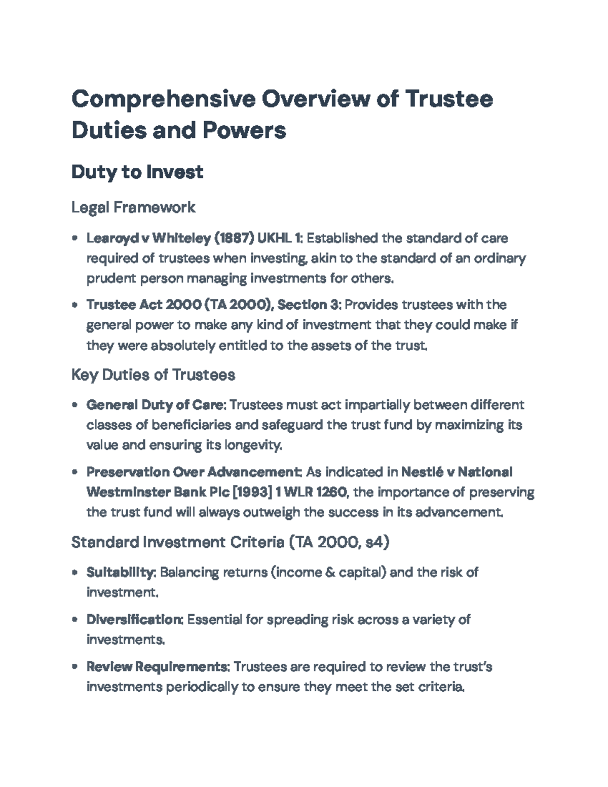 Comprehensive Overview of Trustee Duties and Powers (TA 1925/2000 ...