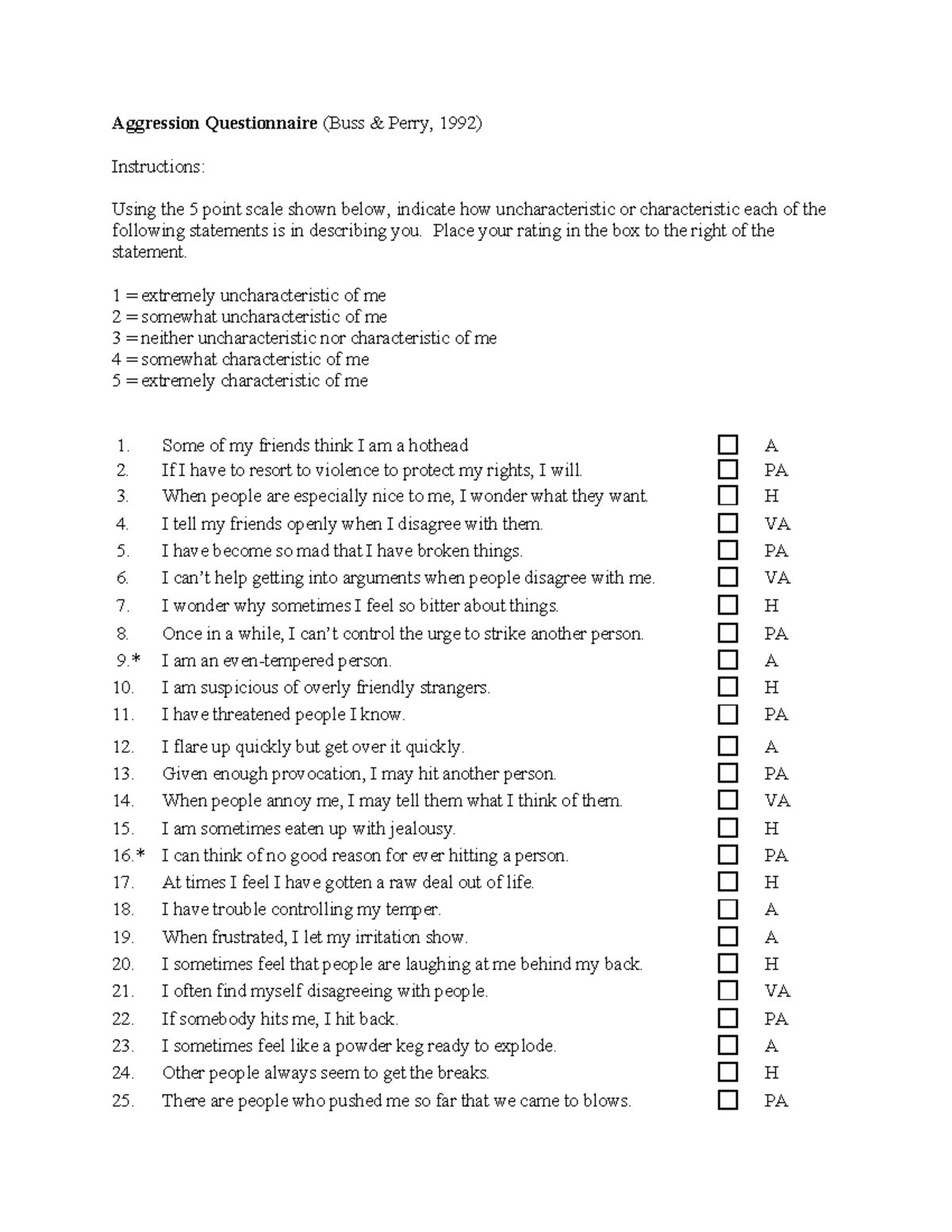 Buss & Perry Aggression Questionnaire Scoring Guide - Studocu