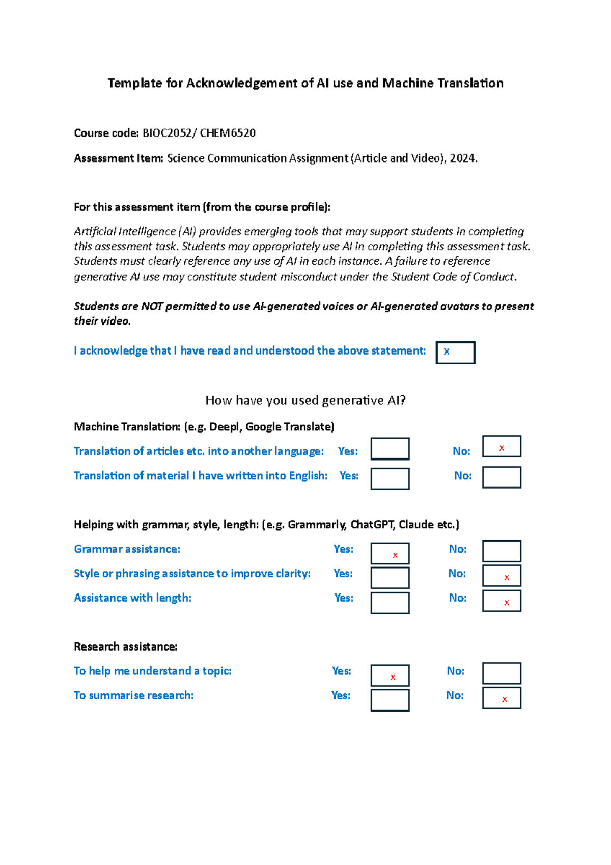 Acknowledgement Template for AI Use in CHEM6520 Science Communication ...