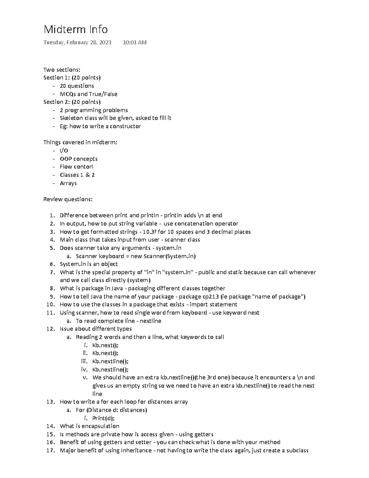 Cp213 Midterm Review Two Sections Section 1 20 Points 20