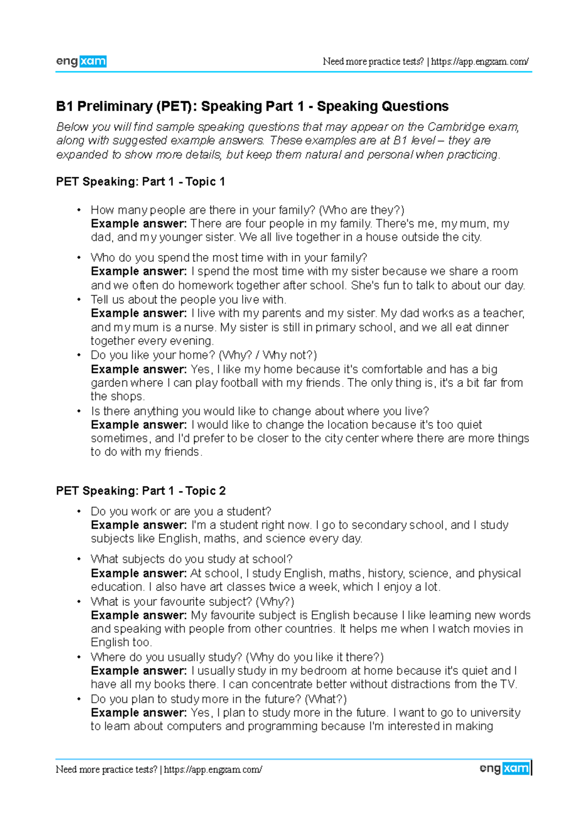 B1 Preliminary (PET) Speaking Questions & Sample Answers PDF - Studocu