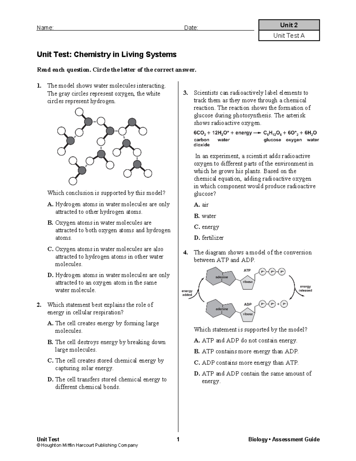 BIO AG U2UT - Unit Test A: Chemistry in Living Systems Assessment - Studocu