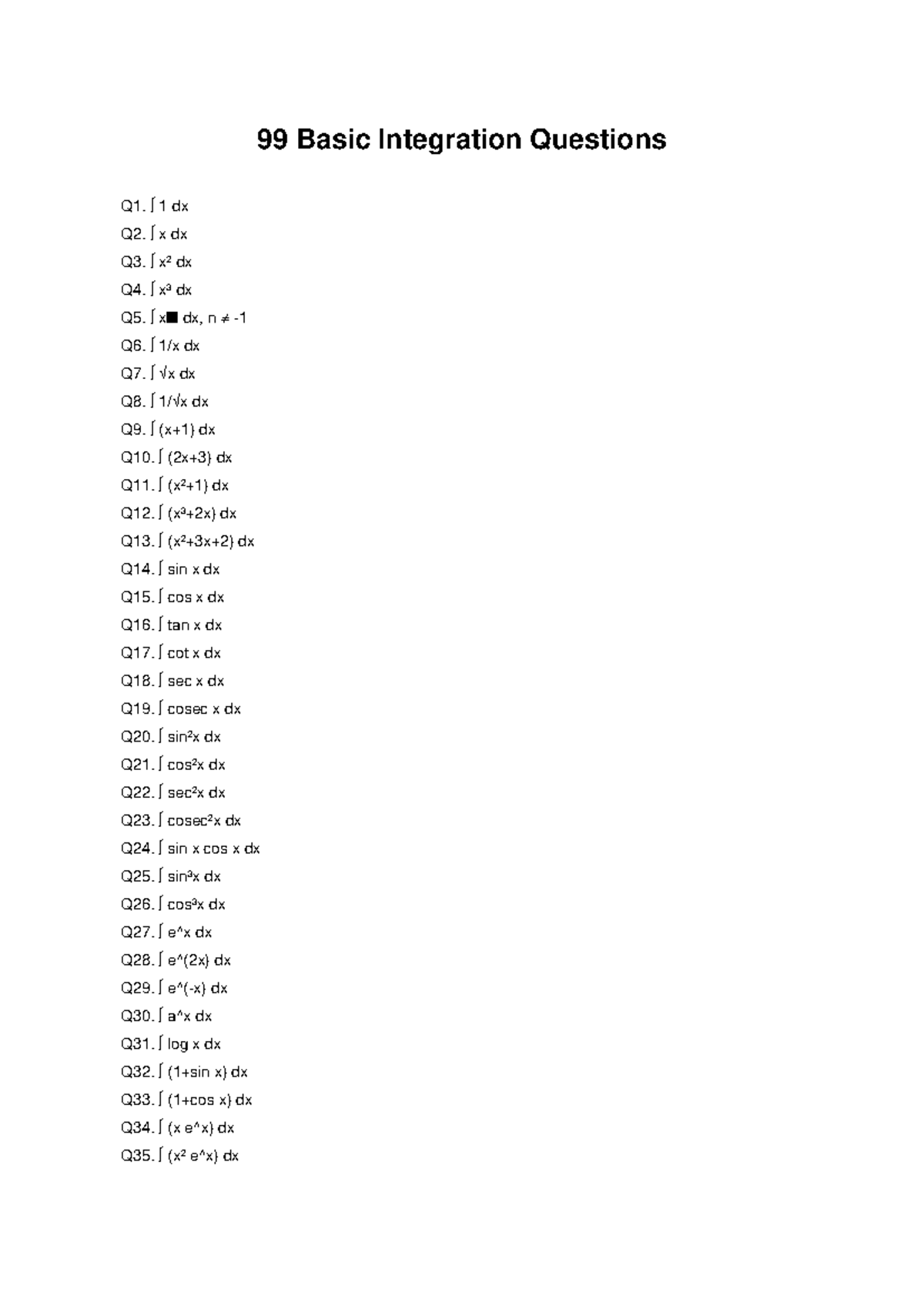 99 Basic Integration Questions for Calculus Practice - Studocu