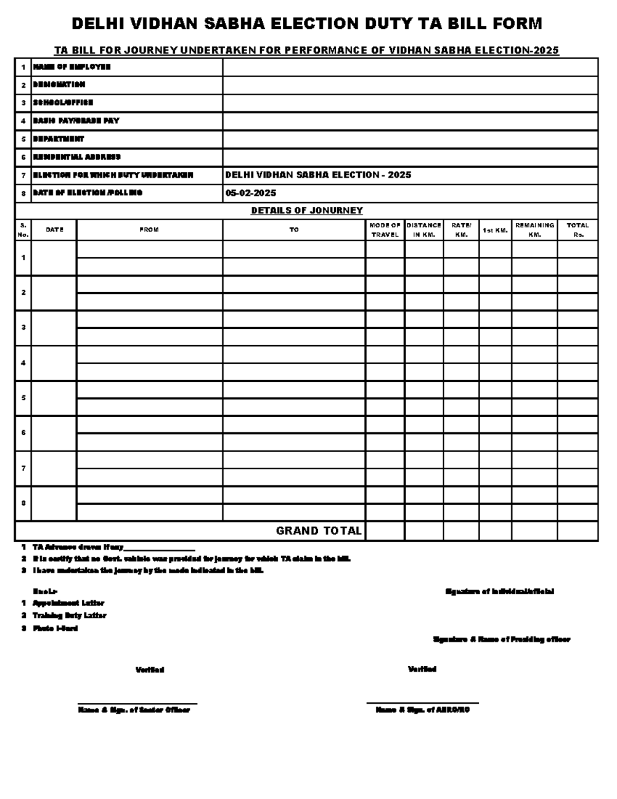 Delhi Vidhan Sabha Election 2025: TA Bill Form for Travel Claims - Studocu