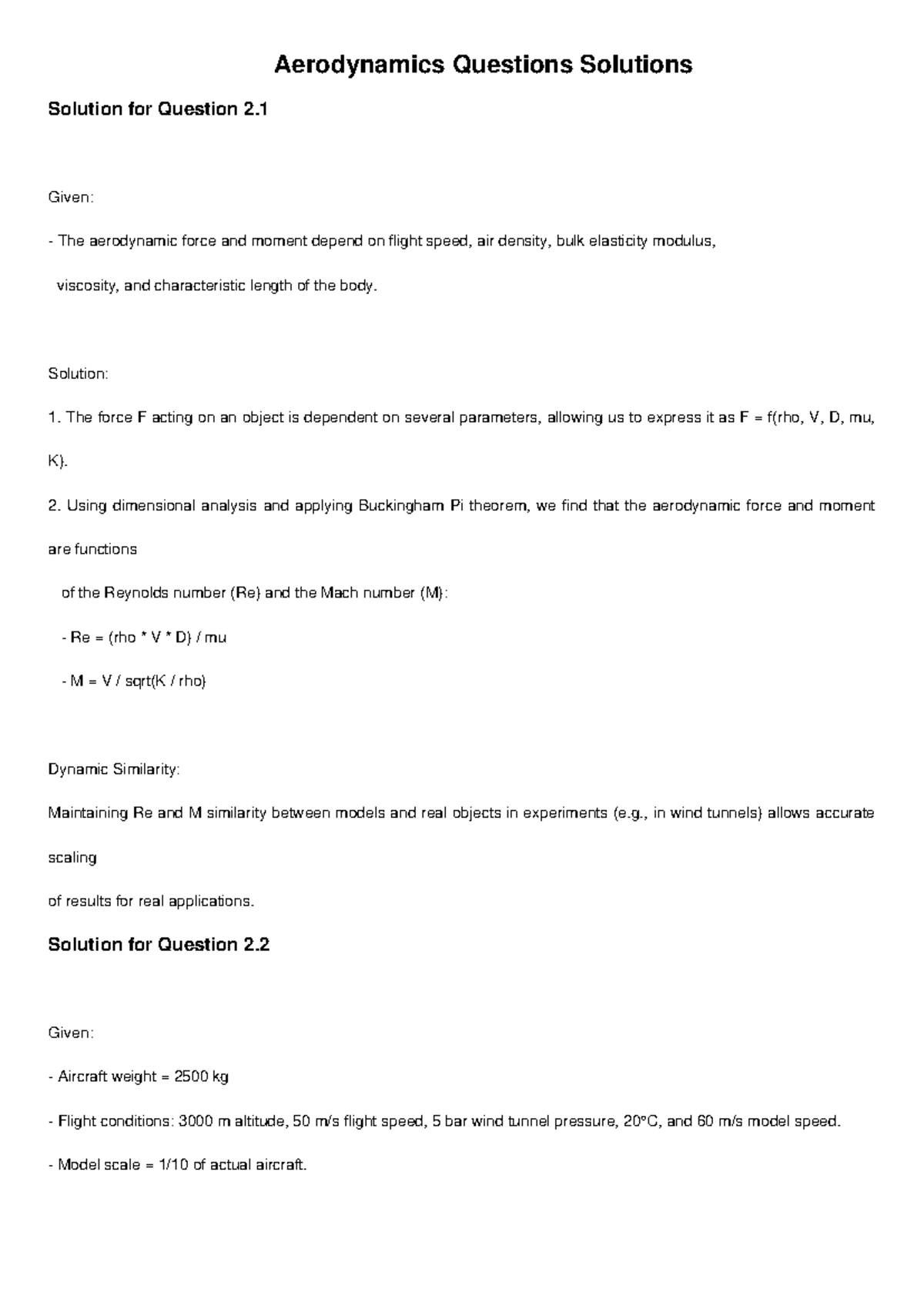 Aerodynamics Questions Solutions for Course Code: AE 101 - Studocu