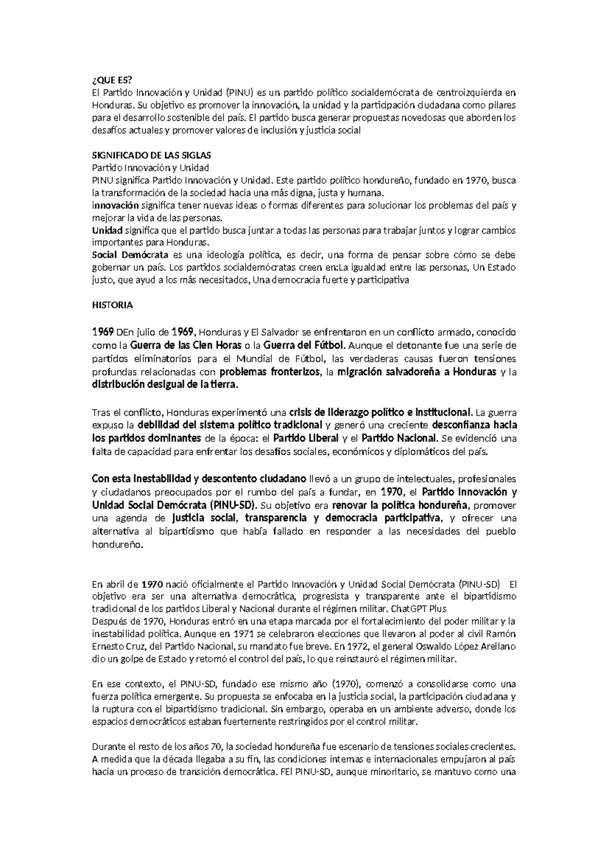 ES? Análisis del Partido Innovación y Unidad (PINU) en Honduras - Studocu