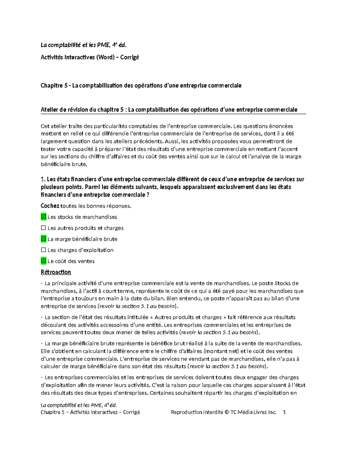 Corrigé des Exercices Supplémentaires - Chapitre 5 (La comptabilité et les PME, - Studocu