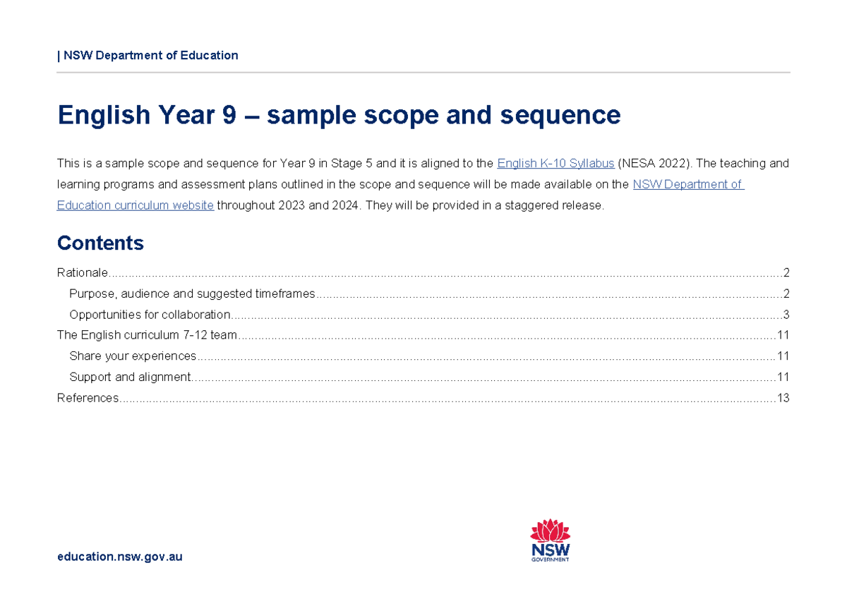 NSW English Year 9 Sample Scope and Sequence Guide (2022) - Studocu