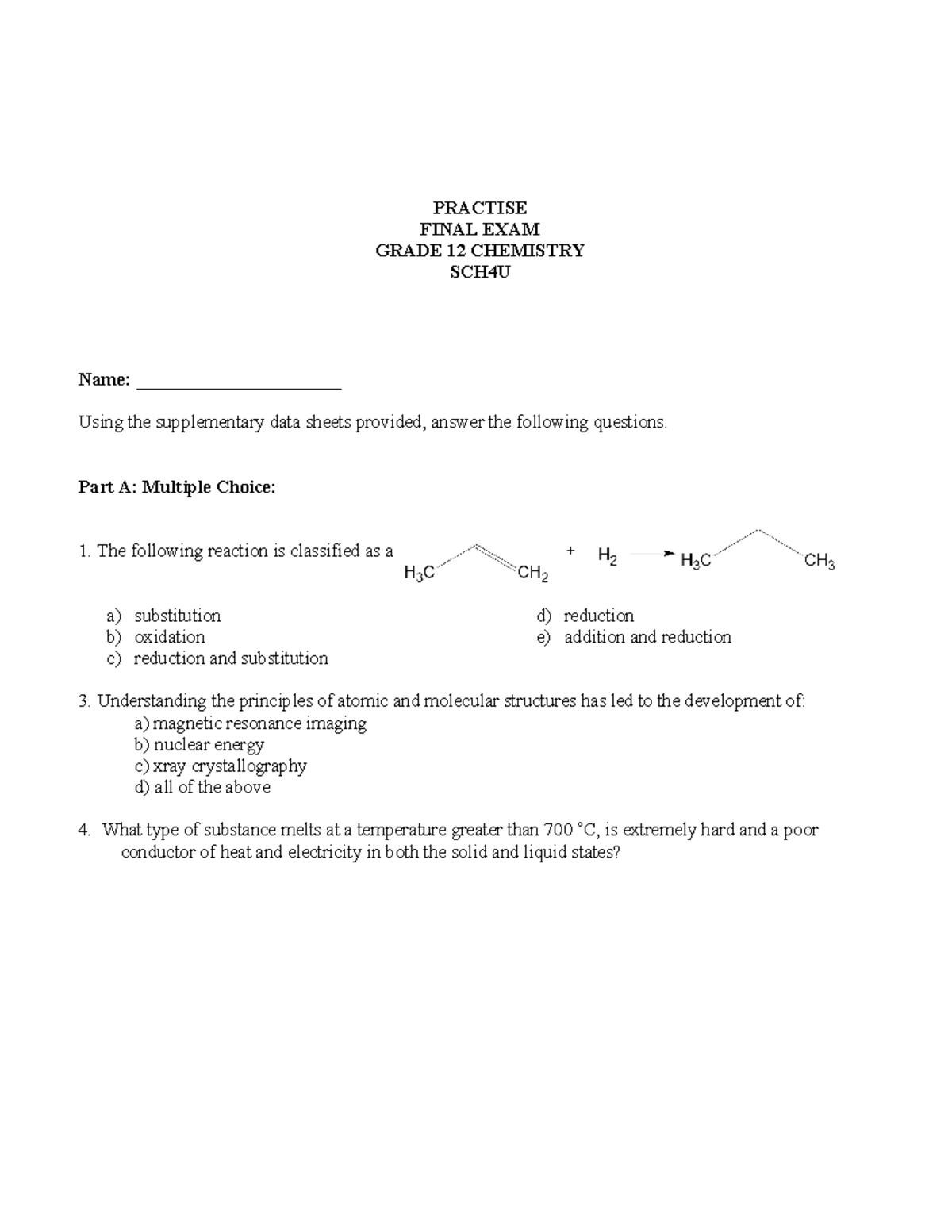 Practice Exam SCH4U - Grade 12 Chemistry (Final Exam) - Studocu