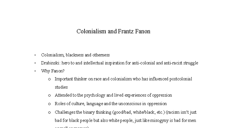 Colonialism and Frantz Fanon: Insights and Critiques on Race - Studocu