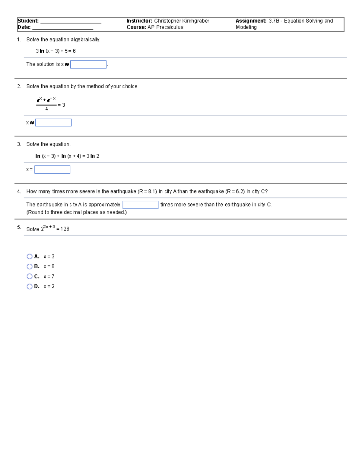 3.7B - Equation Solving and Modeling-Christopher Kirchgraber - 1. 2. 3 ...
