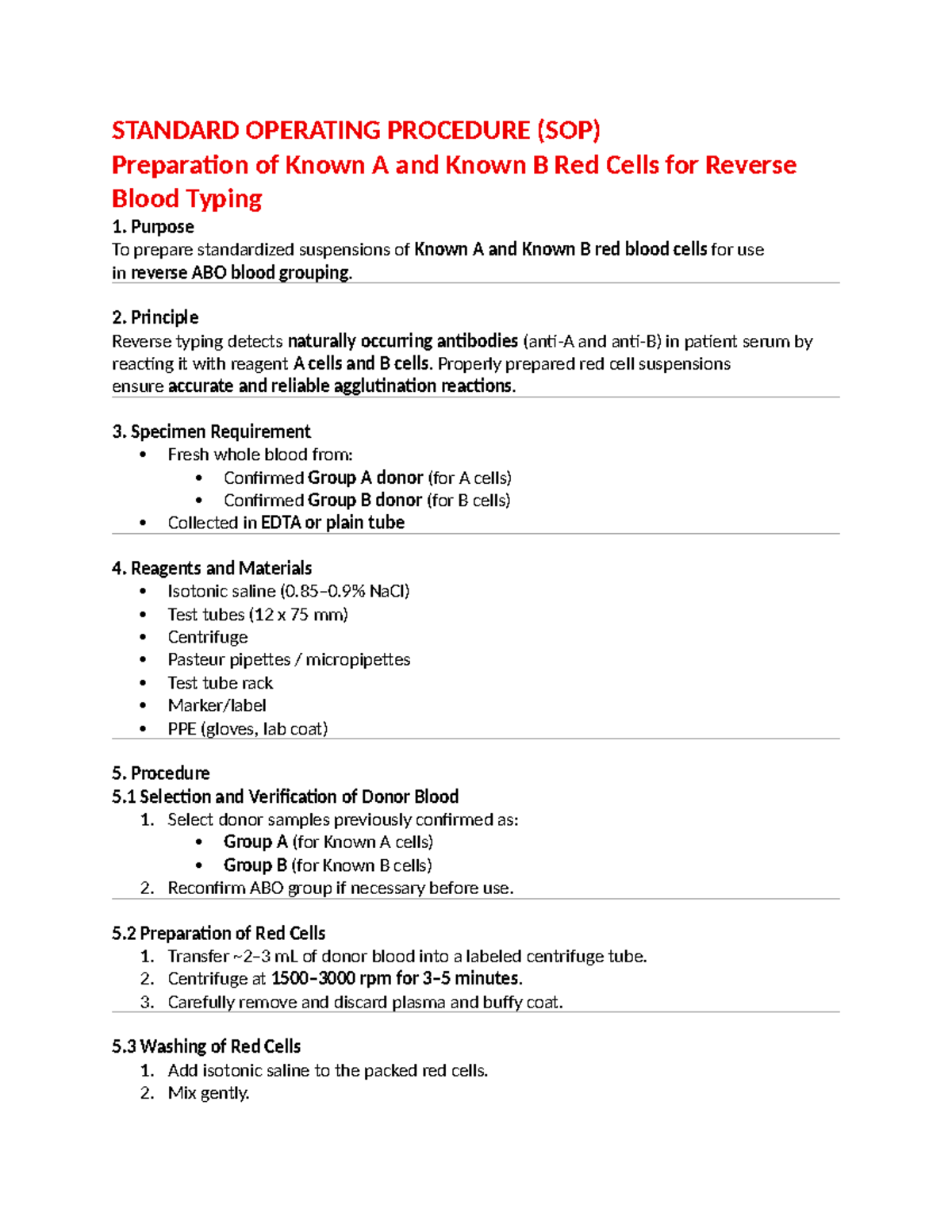 SOP for Preparing Known A & B Red Cells for Reverse Typing - Studocu