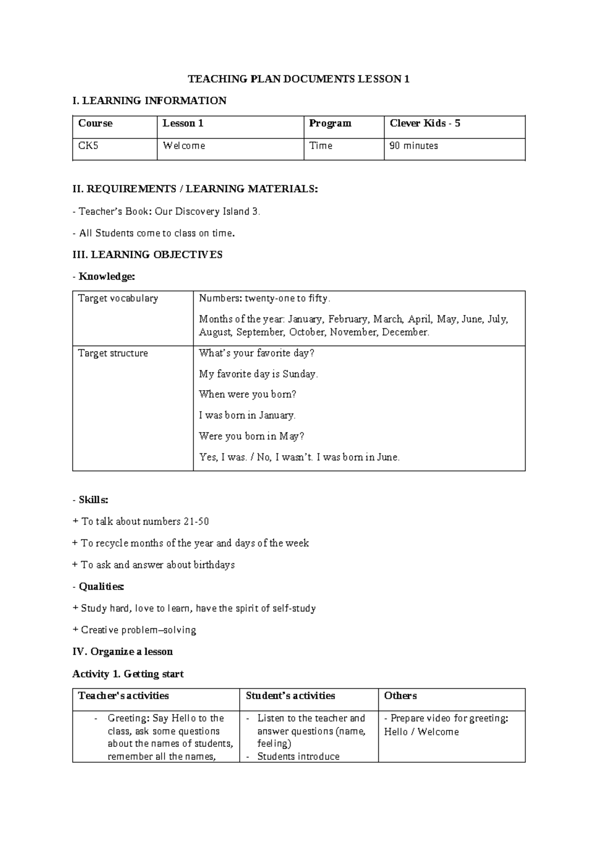 Teaching Plan: Lesson 1 - CK5 for Clever Kids 5 - Studocu