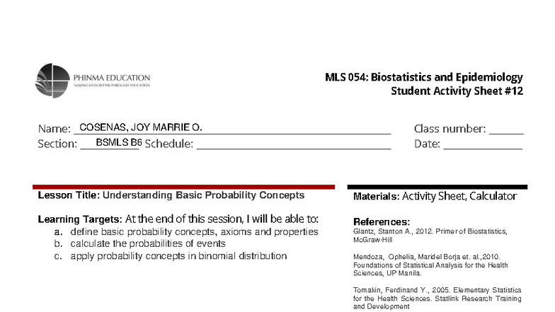 MLS 054: Biostatistics & Epidemiology - Basic Probability Concepts ...