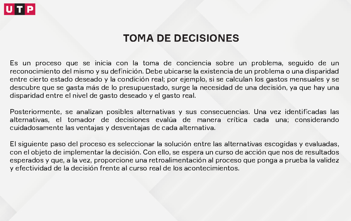 Semana 14 - PDF - Toma de decisiones - TOMA DE DECISIONES Es un proceso que se inicia con la ...
