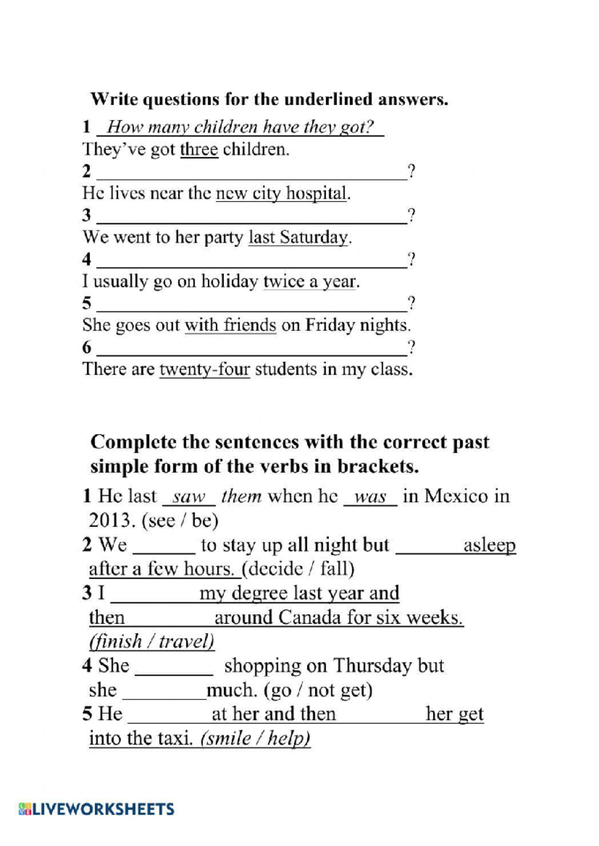 Worksheet 53241: Question Formation & Past Simple Practice - Studocu