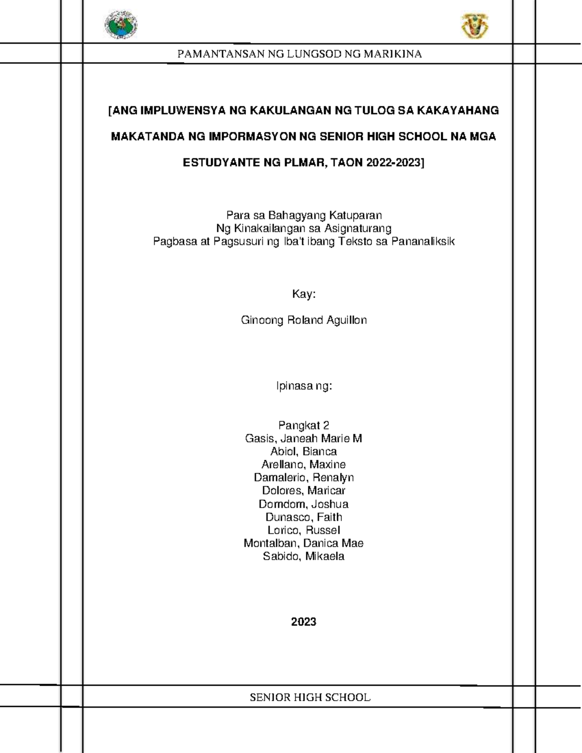 Impluwensya ng Kakulangan ng Tulog sa Memorya ng Estudyante sa PLMar ...