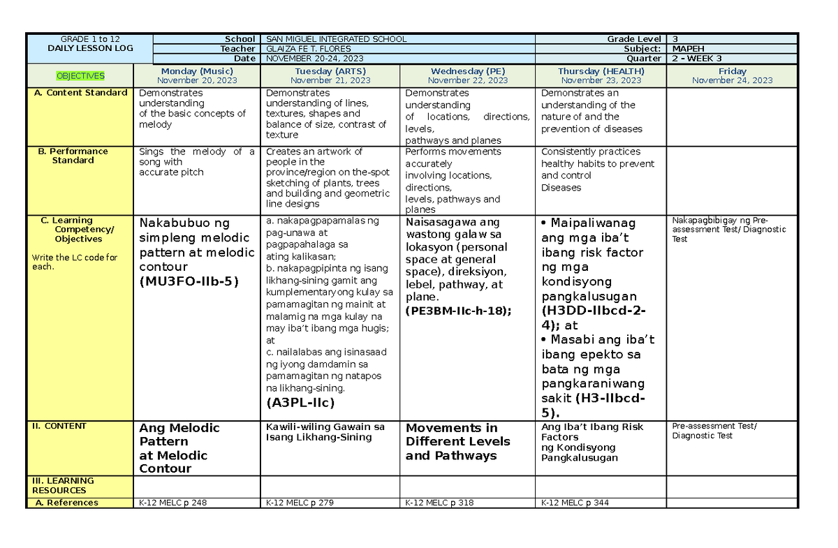 WEEK3-dll- Mapeh - This material is used in teaching Grade 3 learners ...