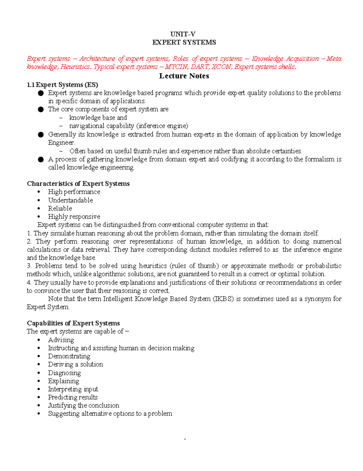 Unit-5 Expert Systems Lecture Notes - R-23 AI Summary - Studocu